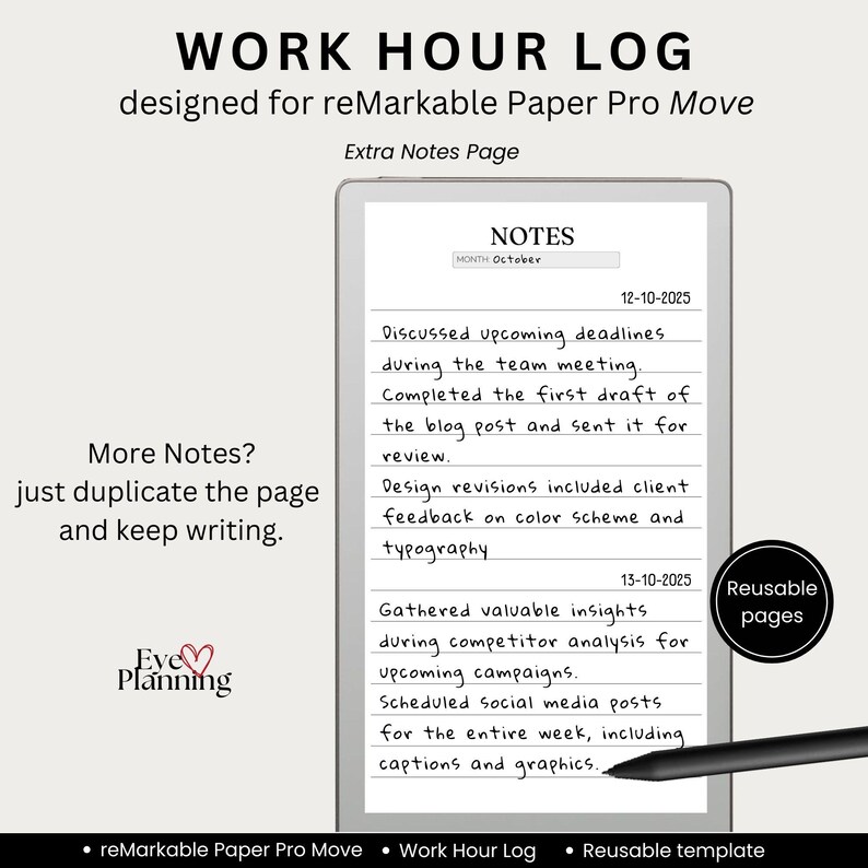 Work Hour Log Designed for the Remarkable Paper Pro Move | Digital Time ...
