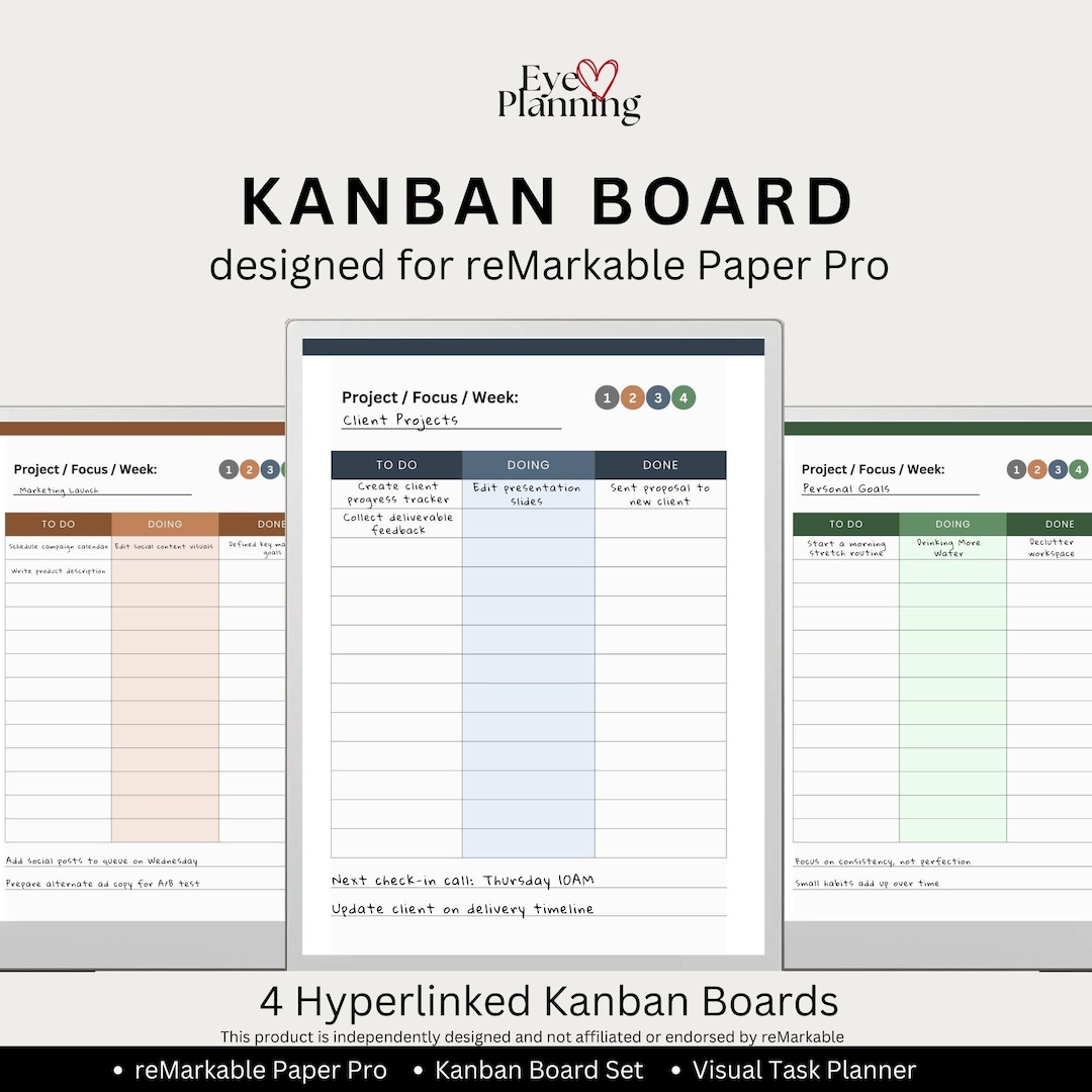 Hyperlinked Kanban Board for Remarkable Paper Pro | Visual Task Board ...