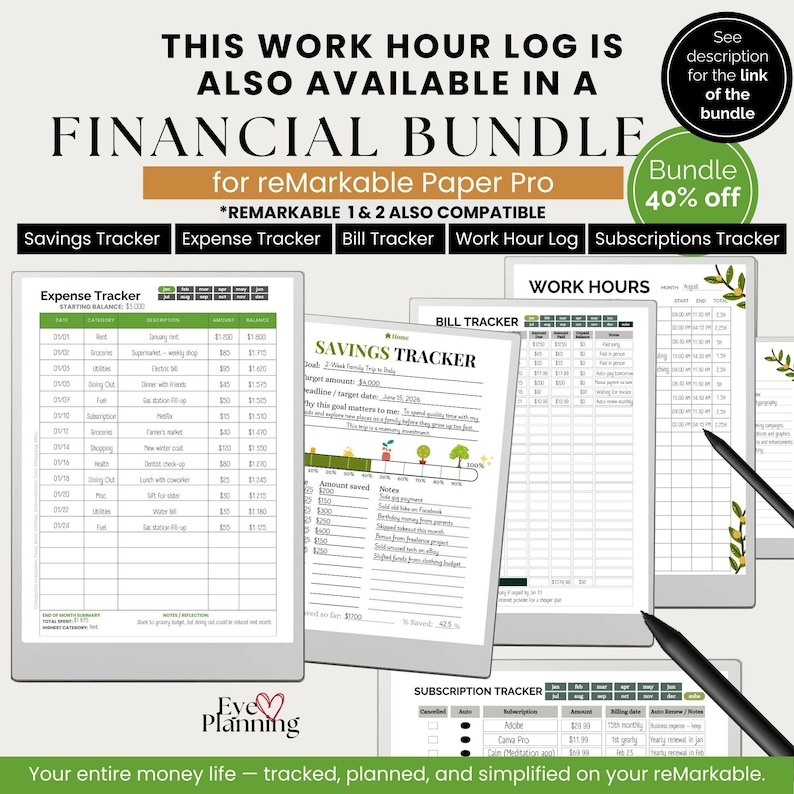 Work Hour Log for Remarkable Paper Pro, 2 & 1 | Digital Time Sheet ...