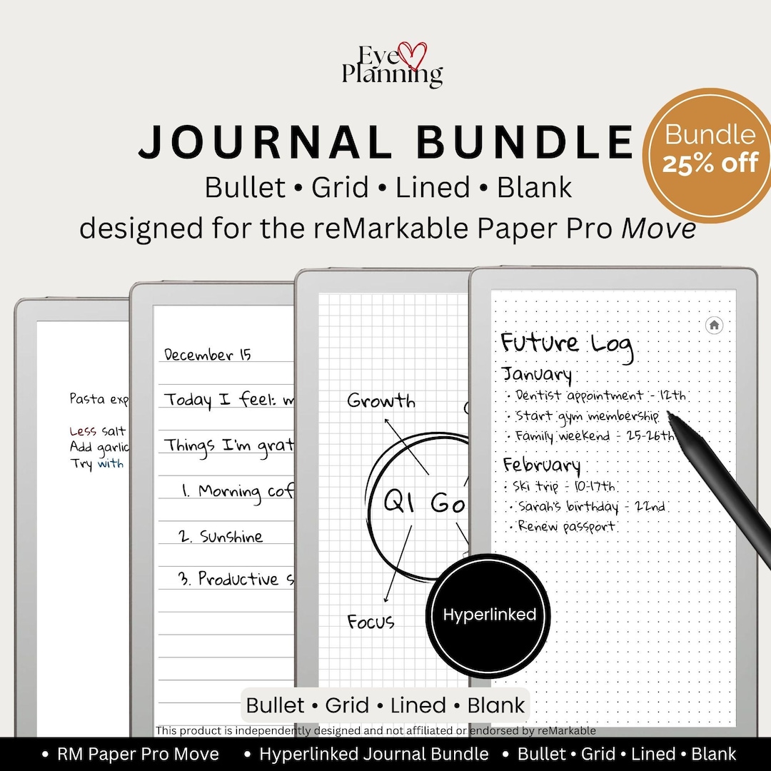 Journal Bundle for Remarkable Paper Pro Move | Bullet, Grid, Lined ...