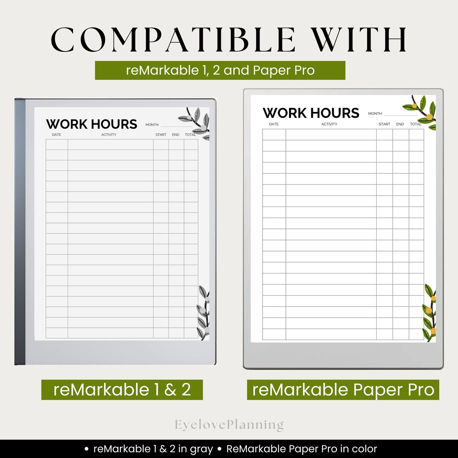 Work Hour Log for Remarkable Paper Pro, 2 & 1 | Digital Time Sheet ...