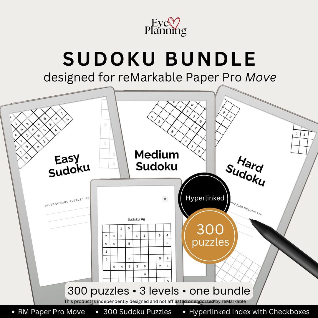 Sudoku Bundle for Remarkable Paper Pro Move | Easy Medium Hard 300 ...