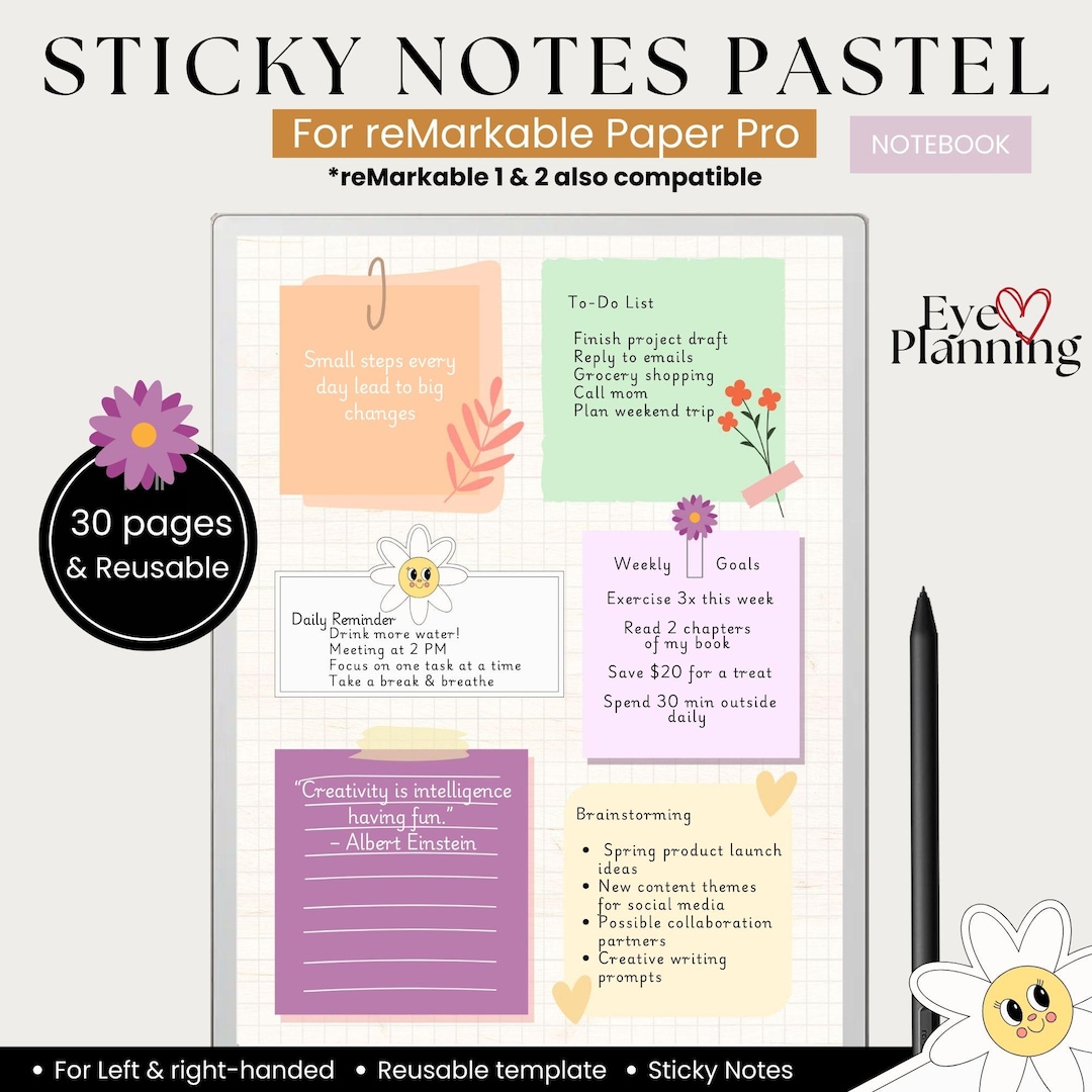 Pastel Sticky Notes for Remarkable Paper Pro, Remarkable 2 & 1 ...