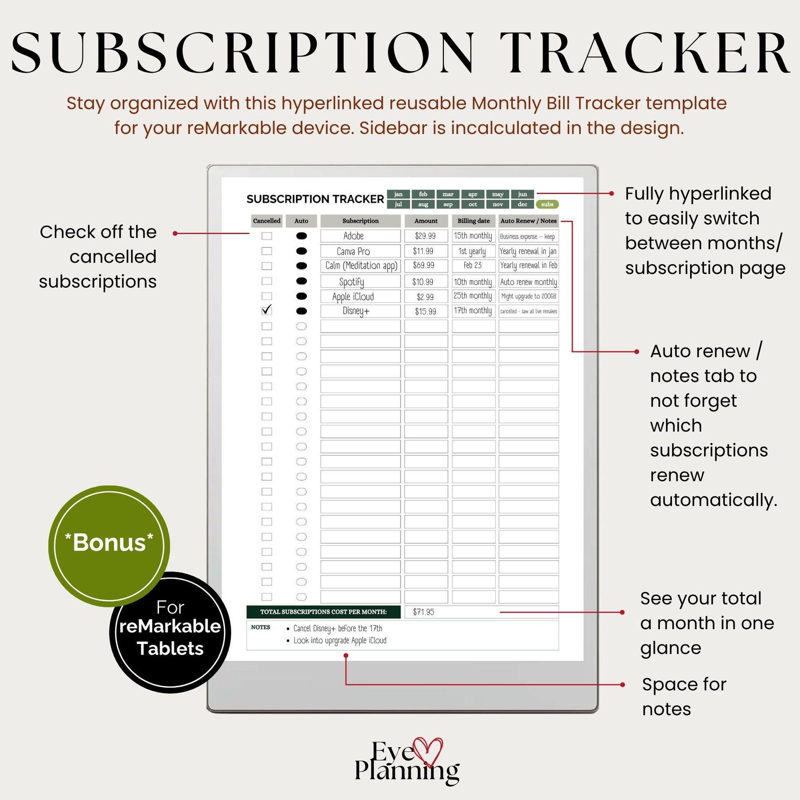 Monthly Bill Tracker for Remarkable Paper Pro | Subscription + Bill ...