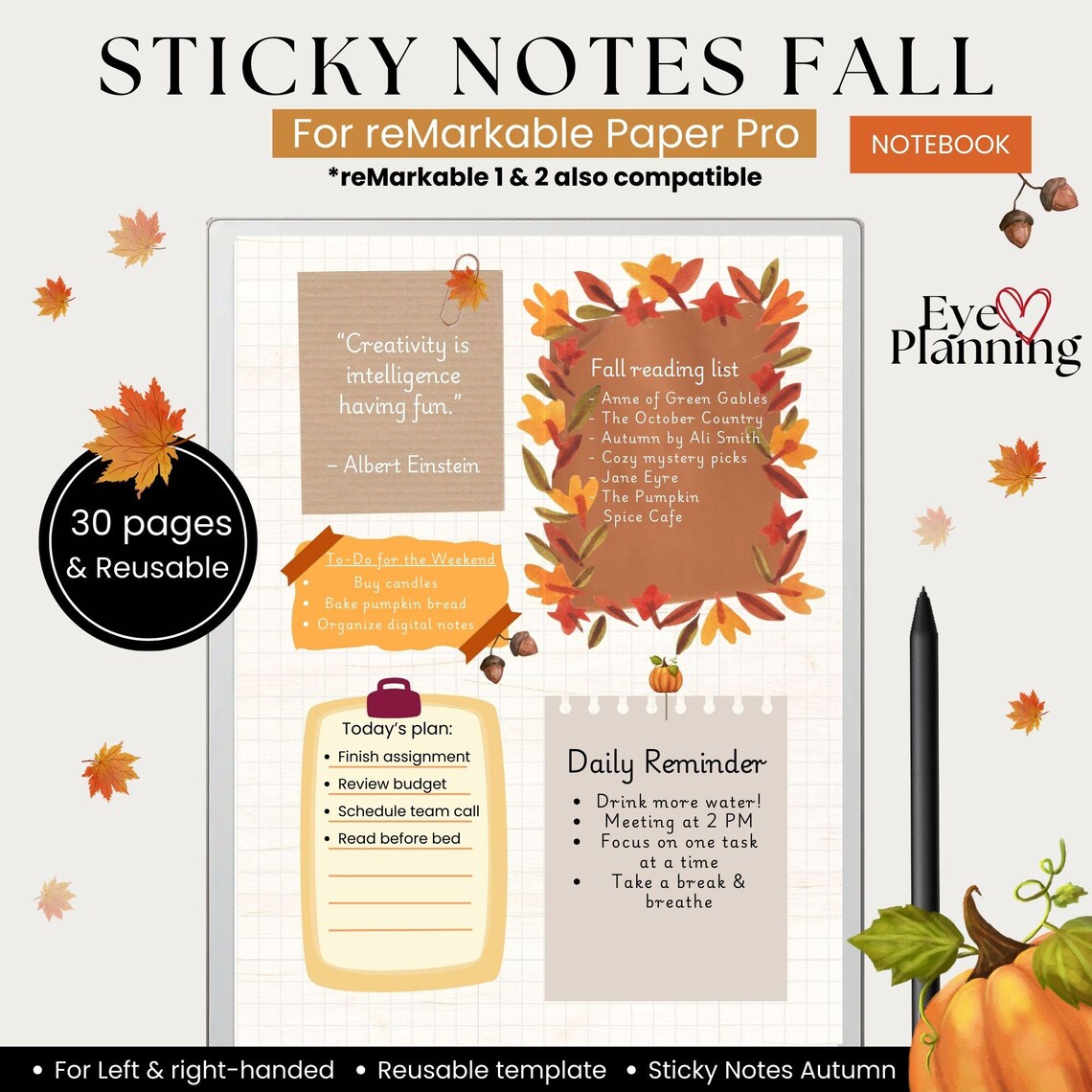 Fall Sticky Notes Template for Remarkable Paper Pro, Remarkable 2, Cute ...