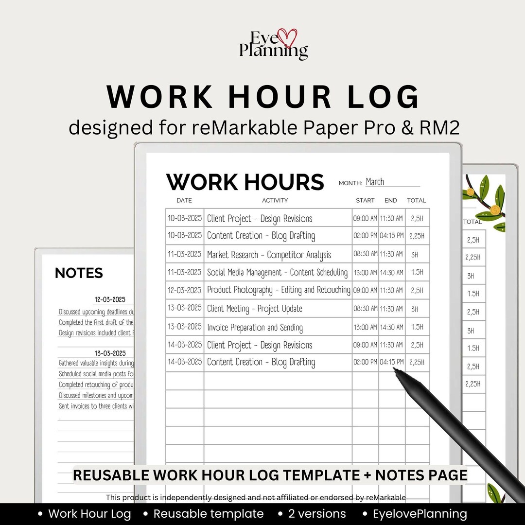 Work Hour Log for Remarkable Paper Pro & RM2 | Digital Time Sheet ...