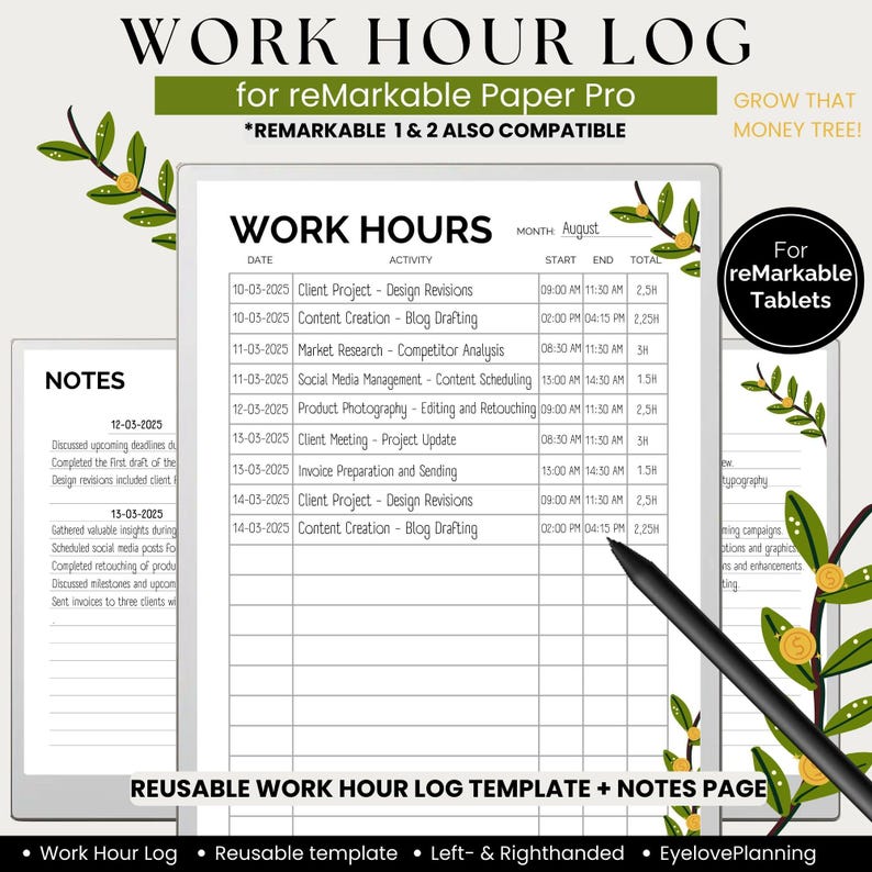 Work Hour Log for Remarkable Paper Pro, 2 & 1 | Digital Time Sheet ...