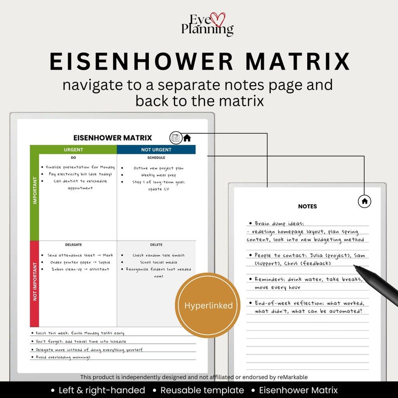 Eisenhower Matrix for Remarkable Paper Pro | Productivity Tool ...