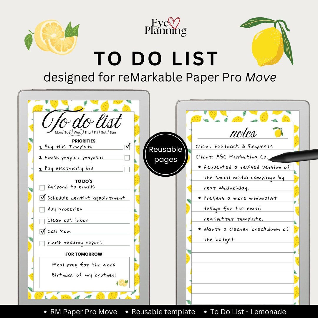 To Do List & Notes Template Designed for Remarkable Paper Pro Move ...