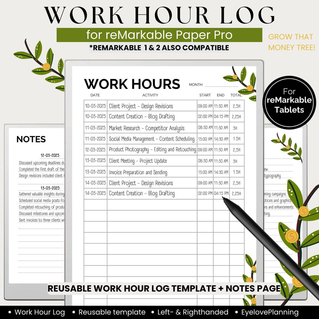 Work Hour Log for Remarkable Paper Pro, 2 & 1 | Digital Time Sheet ...