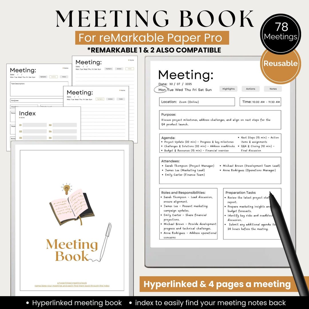 Hyperlinked Meeting Book for Remarkable Paper Pro, 1&2 | Digital ...
