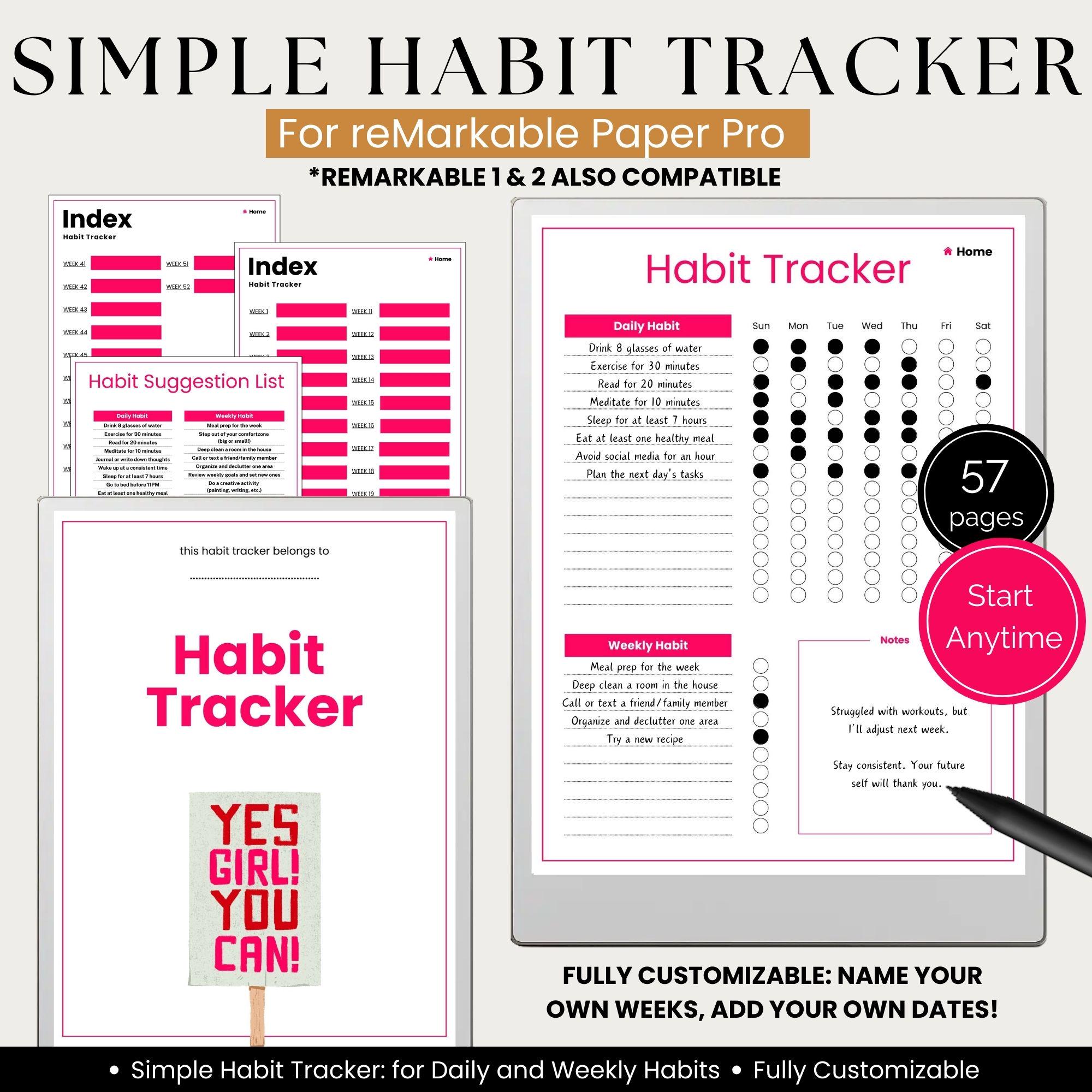 Undated Weekly Habit Tracker for Remarkable With Custom Hyperlinked ...