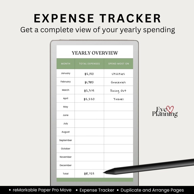 Expense Tracker for Remarkable Paper Pro Move | Monthly Expense Log ...