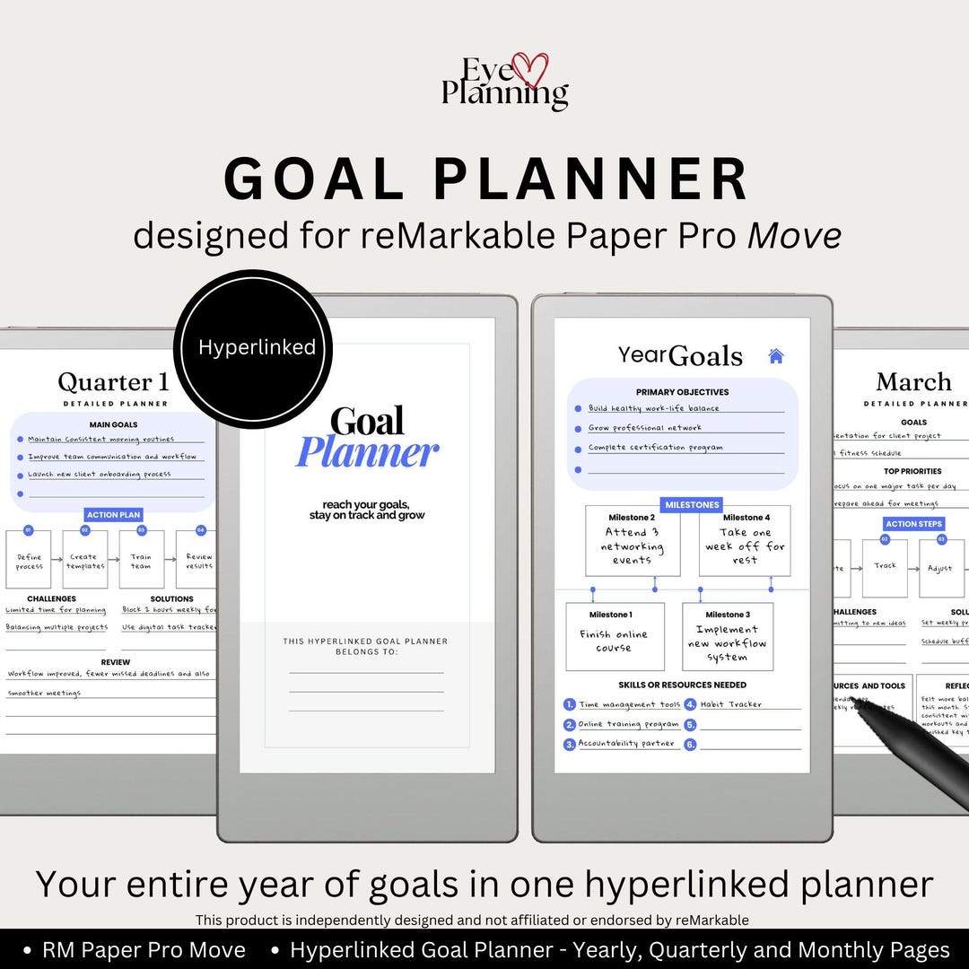 Goal Planner for Remarkable Paper Pro Move | Hyperlinked Yearly ...