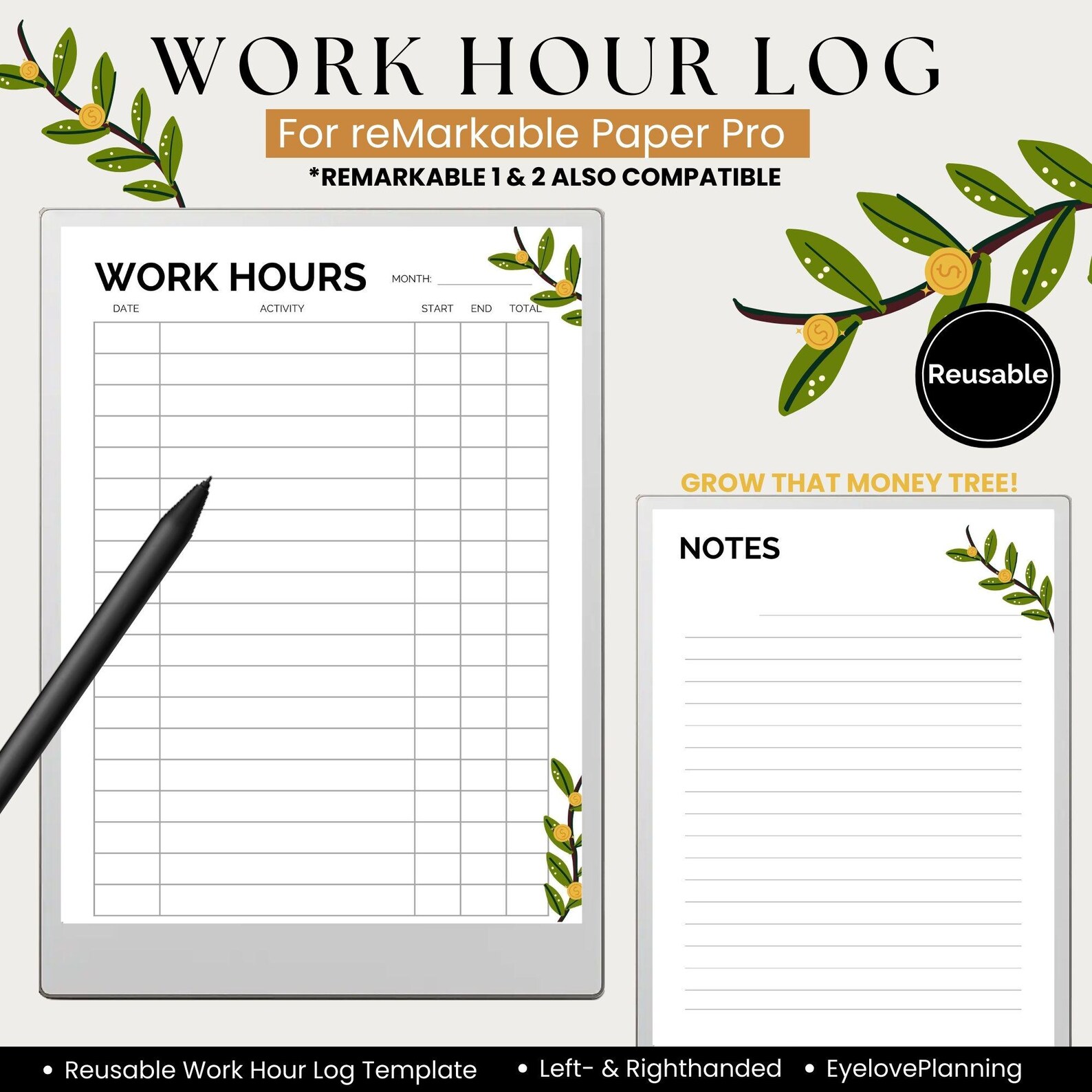 Work Hour Log for Remarkable Paper Pro, 2 & 1 | Digital Time Sheet ...