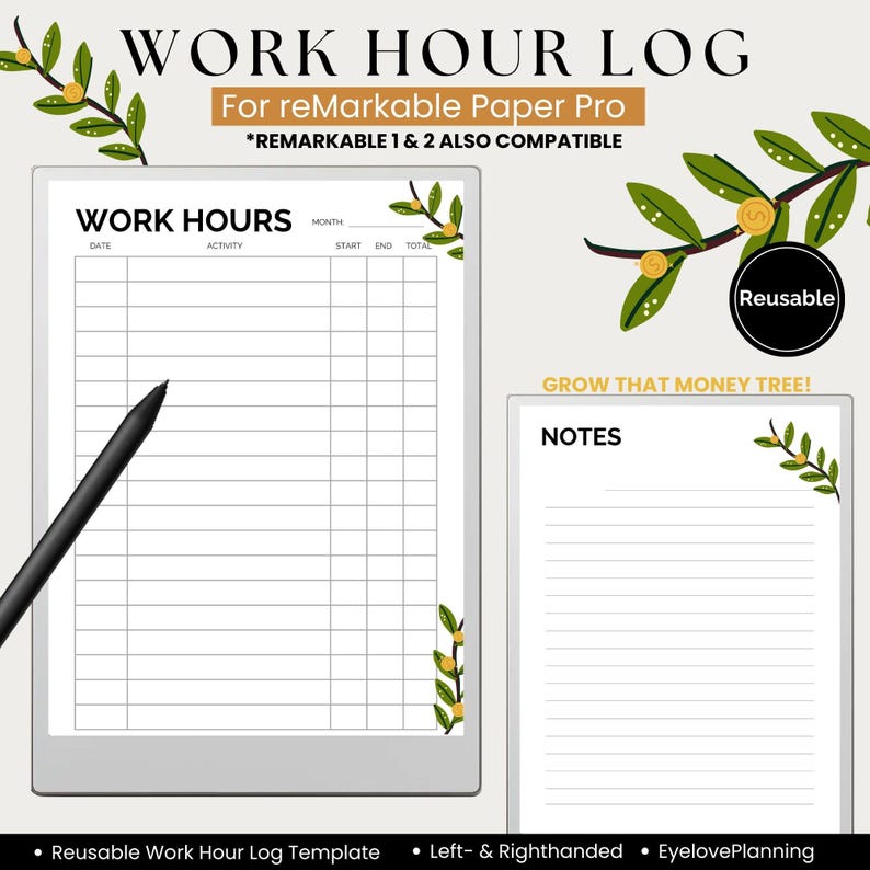 Work Hour Log for Remarkable Paper Pro, 2 & 1 | Digital Time Sheet ...