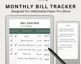 Bill Tracker for Remarkable Paper Pro Move | Monthly Bill Planner ...