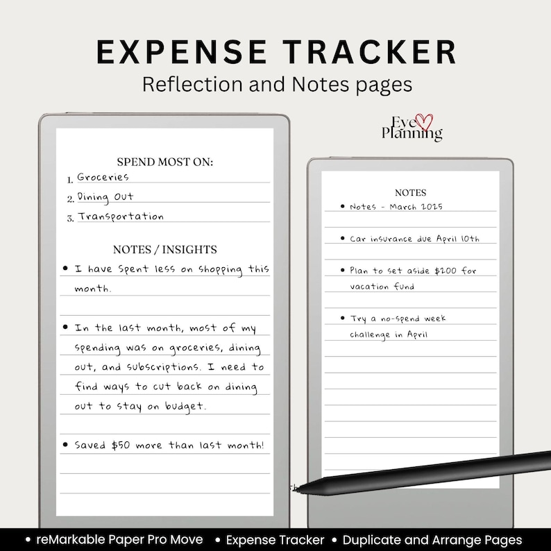Expense Tracker for Remarkable Paper Pro Move | Monthly Expense Log ...