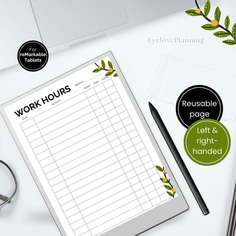 Work Hour Log for Remarkable Paper Pro, 2 & 1 | Digital Time Sheet ...