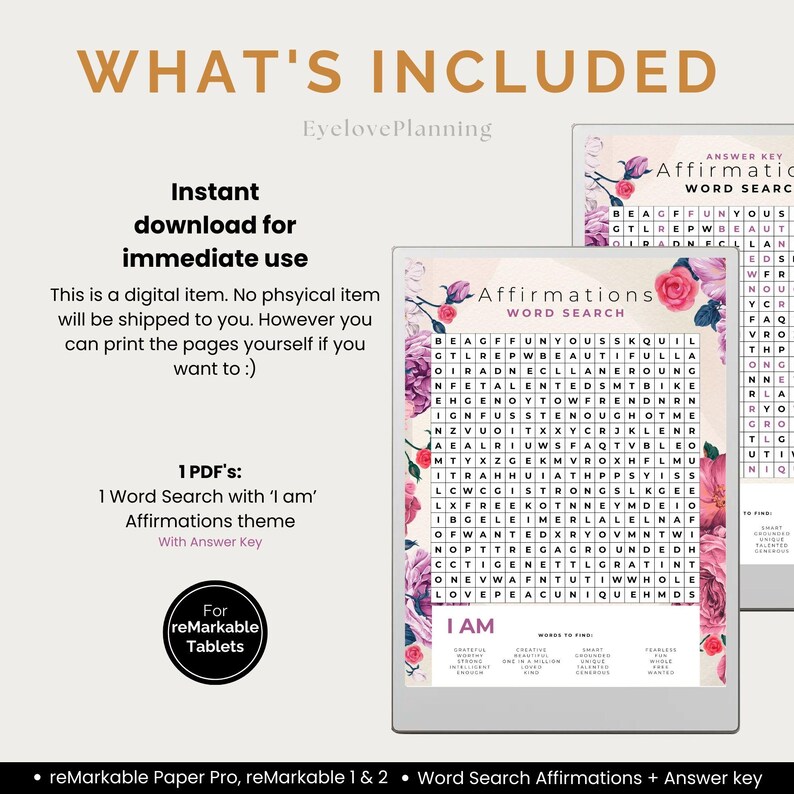 Affirmations Word Search for Remarkable Tablets, Digital Word Puzzle ...
