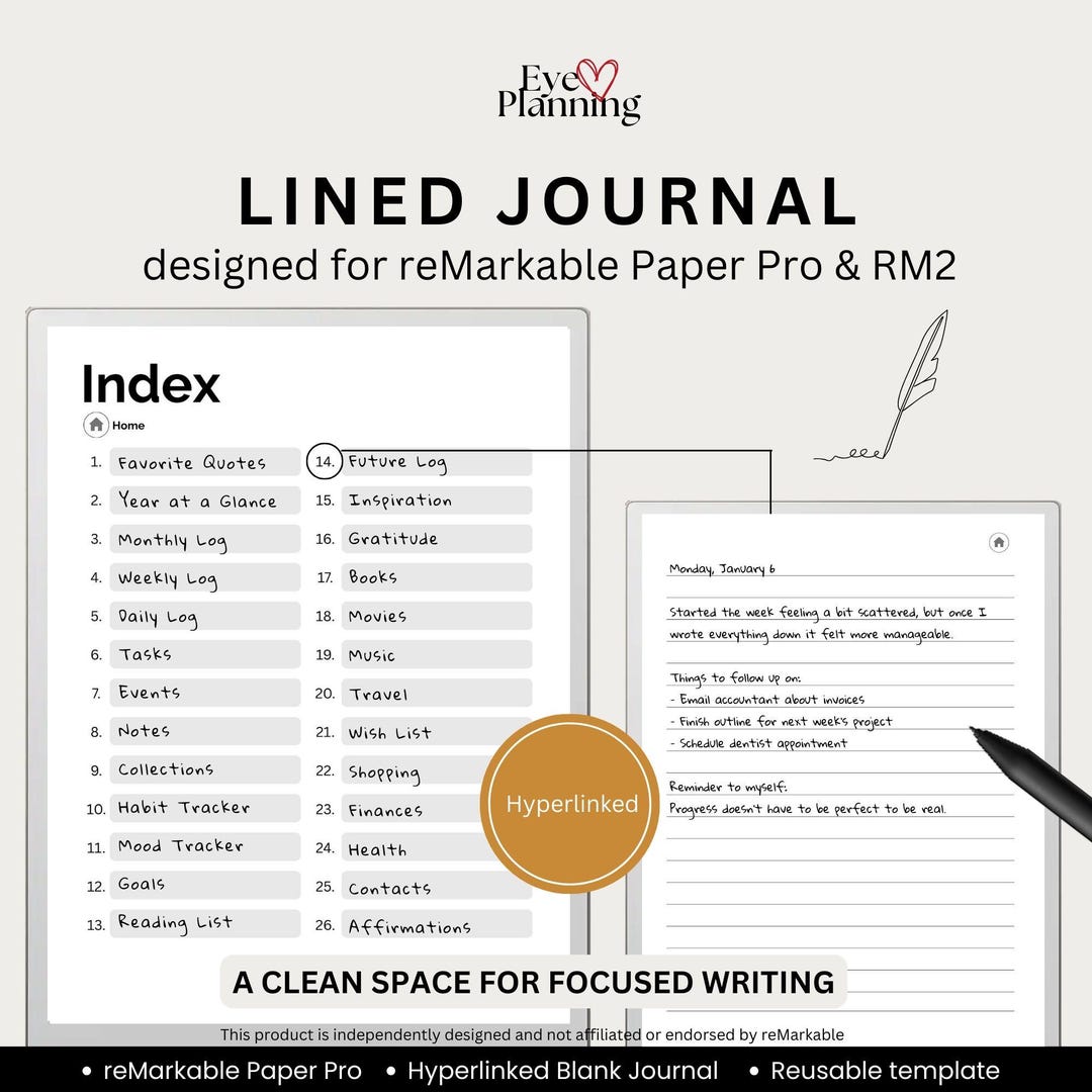 Lined Journal for Remarkable Paper Pro | Hyperlinked Notebook Journal ...