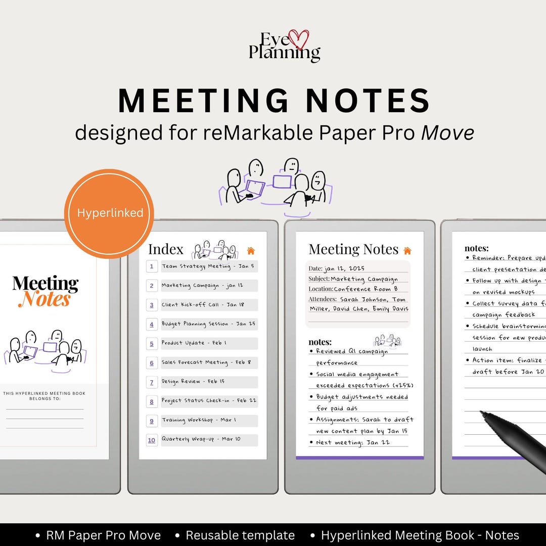 Meeting Notes Designed for the Remarkable Paper Pro Move | Hyperlinked ...