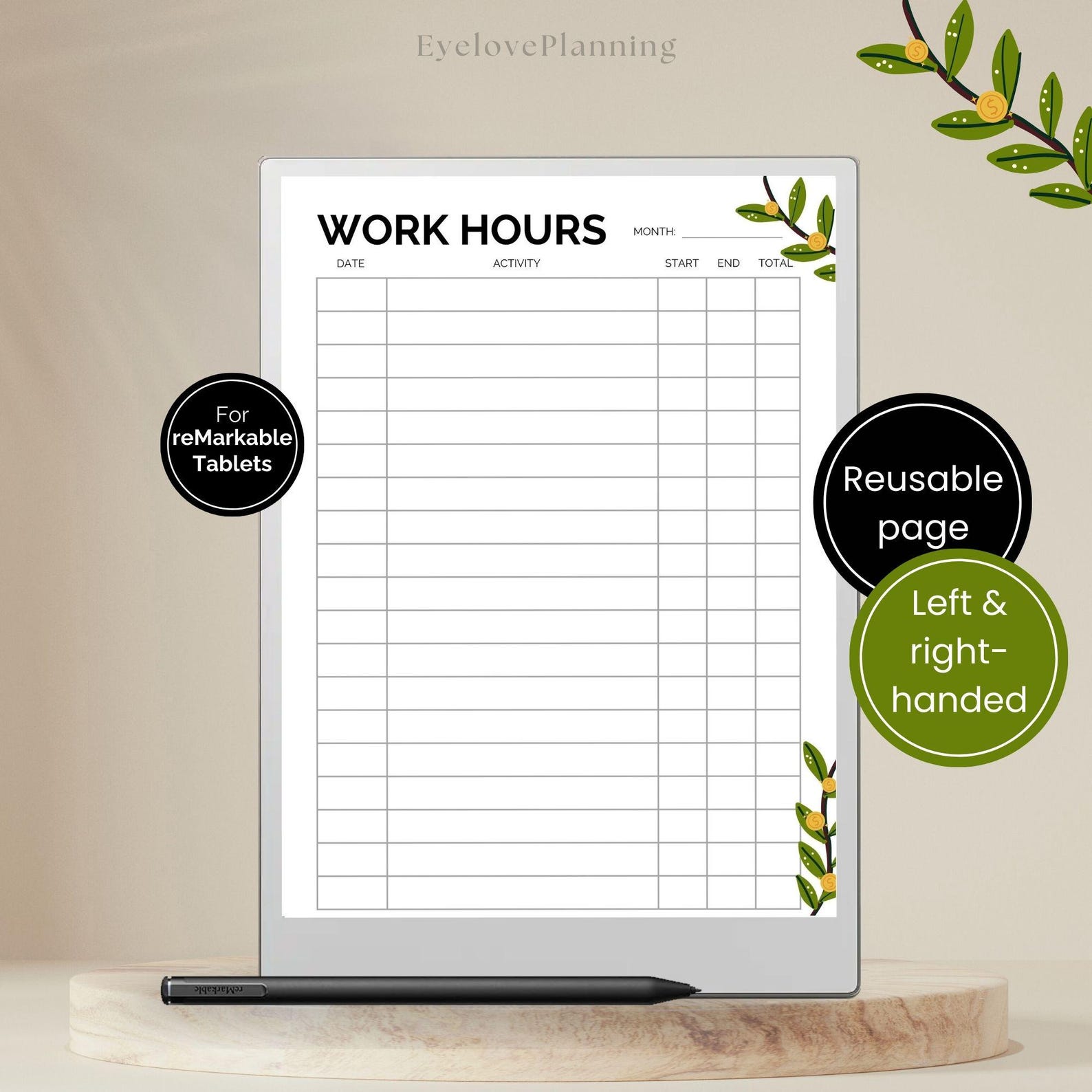 Work Hour Log for Remarkable Paper Pro, 2 & 1 | Digital Time Sheet ...