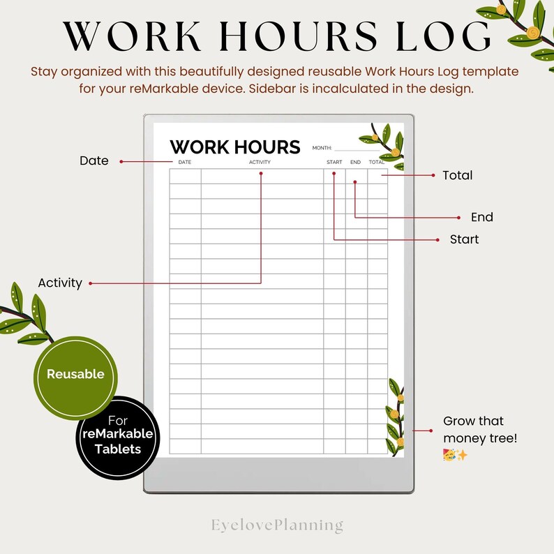 Work Hour Log for Remarkable Paper Pro, 2 & 1 | Digital Time Sheet ...