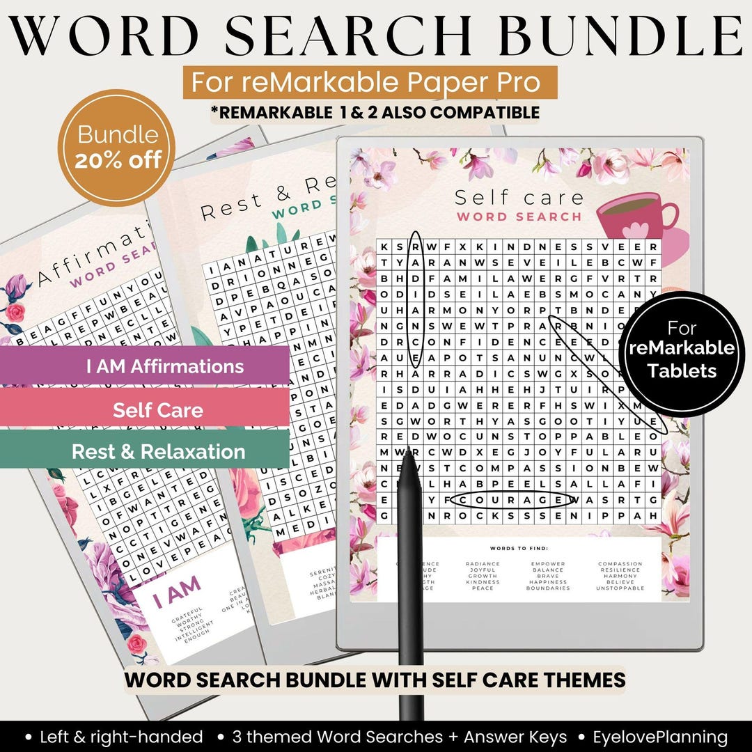 Word Search Bundle for Remarkable Tablets | Self-care Digital Puzzle ...