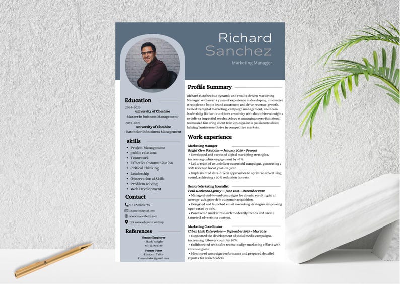 Professional Modern Resume With Photo | Editable CV for Canva ...