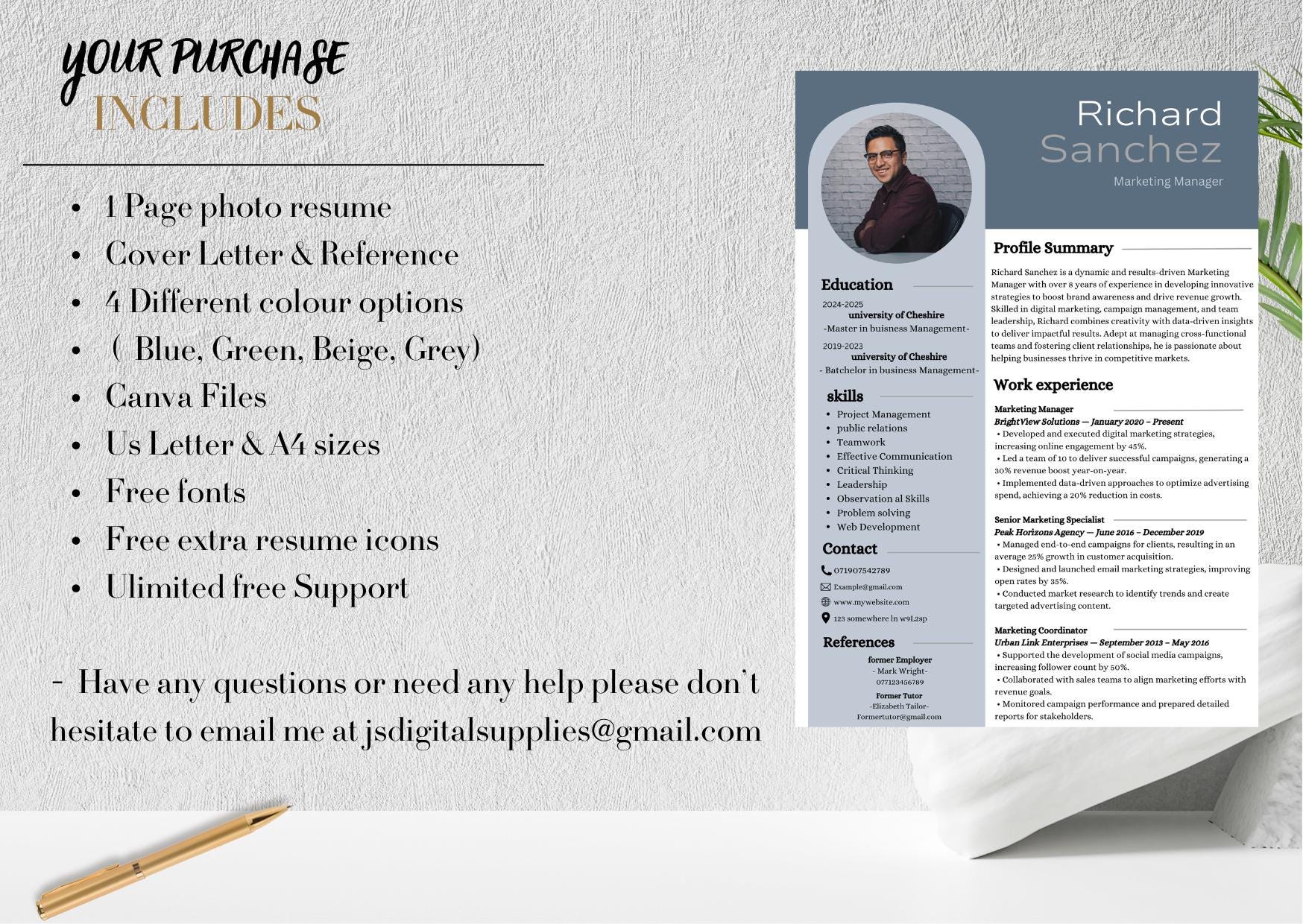 Professional Modern Resume With Photo | Editable CV for Canva ...