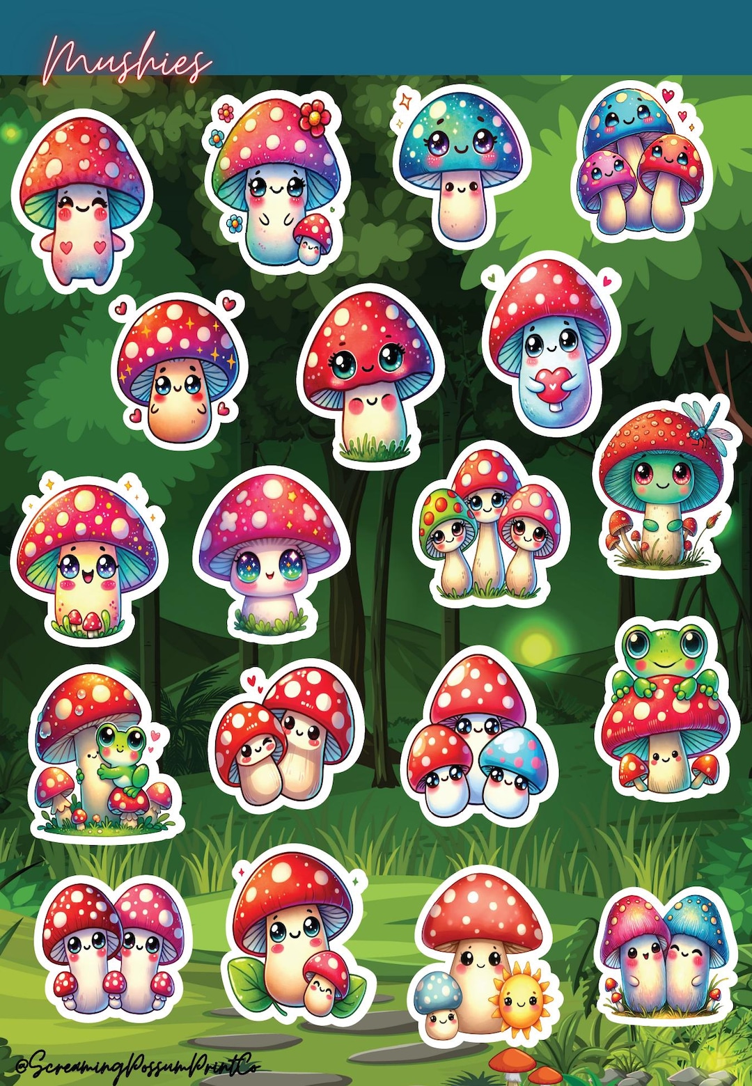 Kawaii Mini Vinyl Waterproof Mushroom Sticker Sheet - Cute Mushroom ...