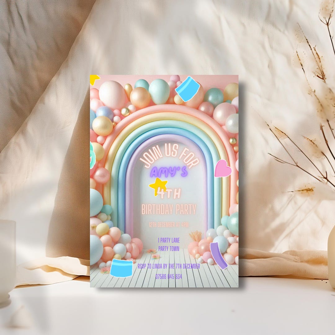 Editable Rainbow Balloons Party Invitation Girls Party Invite Digital ...