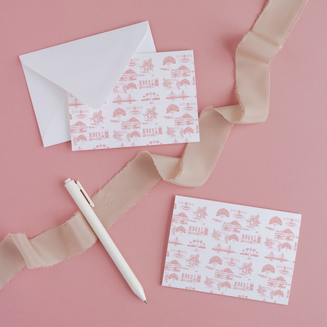 Pink Charleston Toile Stationery Set, Notecard Set, Blue Toile, Rainbow ...