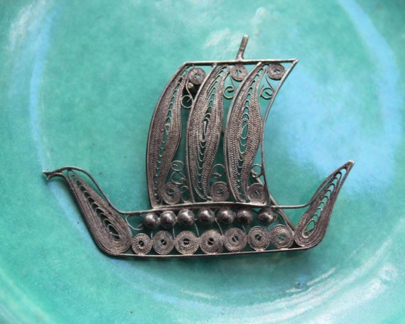 Sterling Silver Filigree Viking Ship Scandinavian Brooch | Etsy