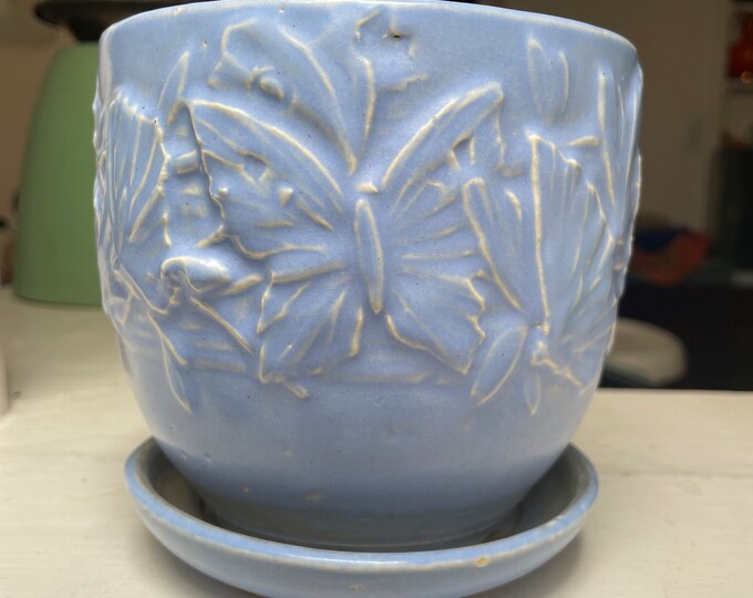 Nelson Mccoy Pottery Blue Butterfly Planter Attached Saucer 1940s Ohio ...