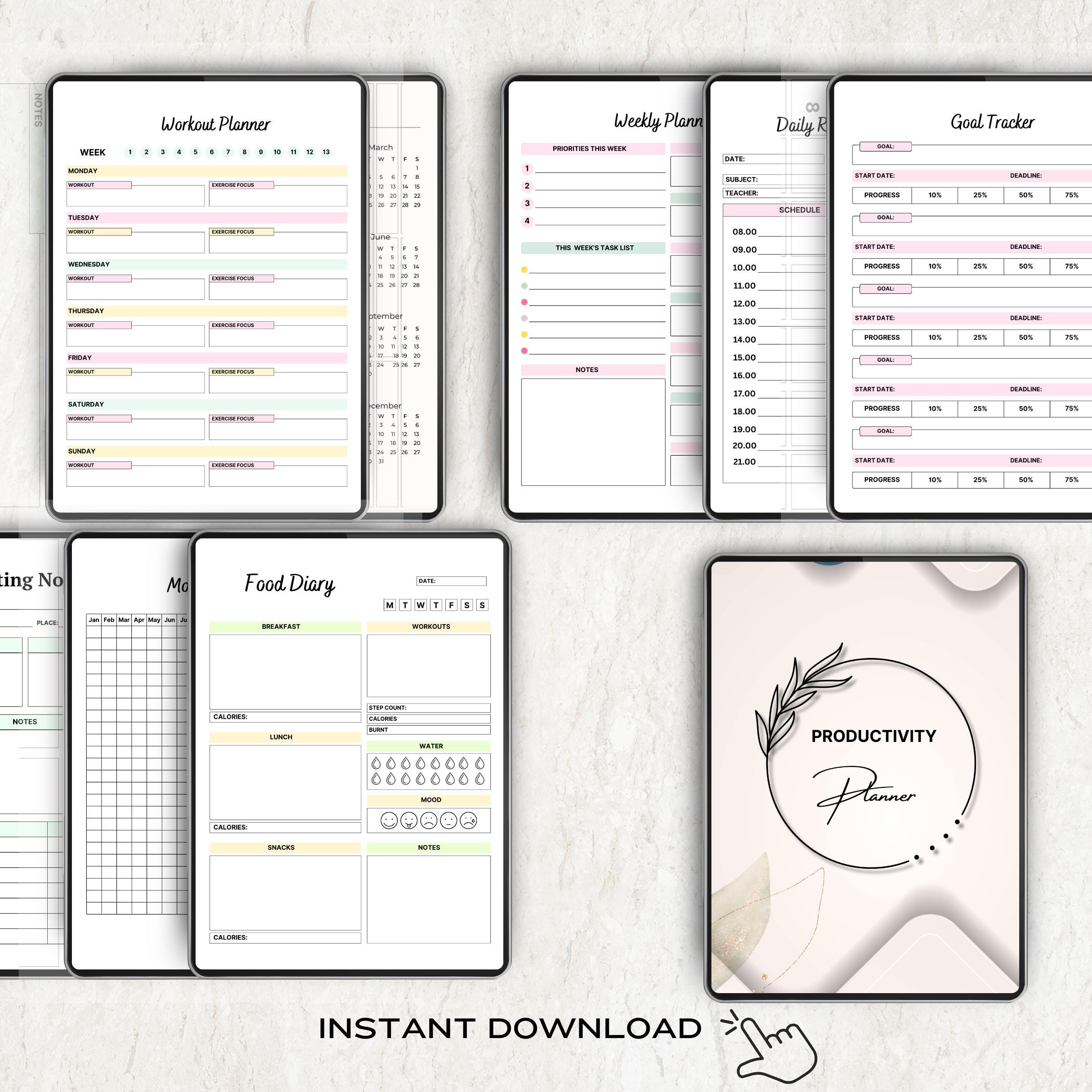 Productivity Planner Bundle Printable, Monthly Habits Reflection, Daily ...
