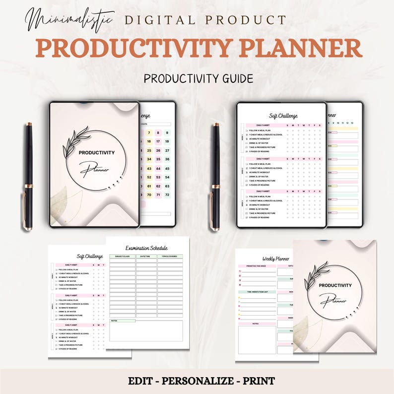 Productivity Planner Bundle Printable, Monthly Habits Reflection, Daily ...