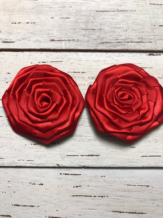 2.5 Hand Sewn Satin Ribbon Rose FlowersRedSet of 2 | Etsy