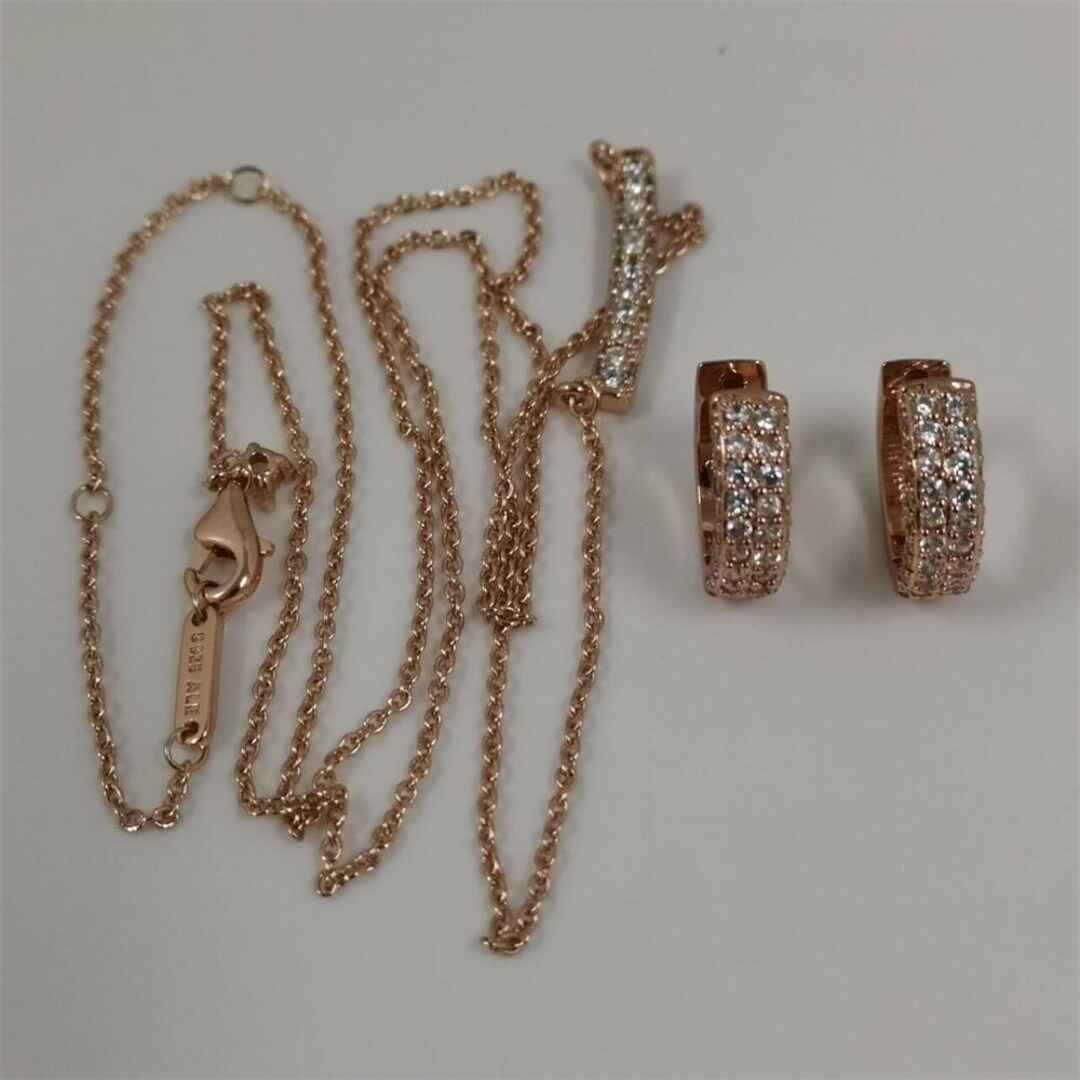 Pandora Timeless Pavé Double-row Hoop Earrings Bar Collier Necklace Set ...