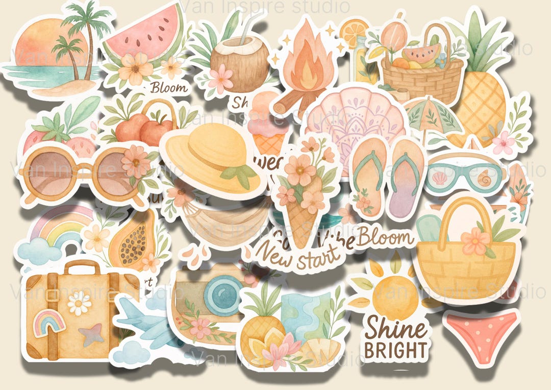 Summer Digital Sticker Bundle | Beach & Travel Stickers | Sunshine PNG ...