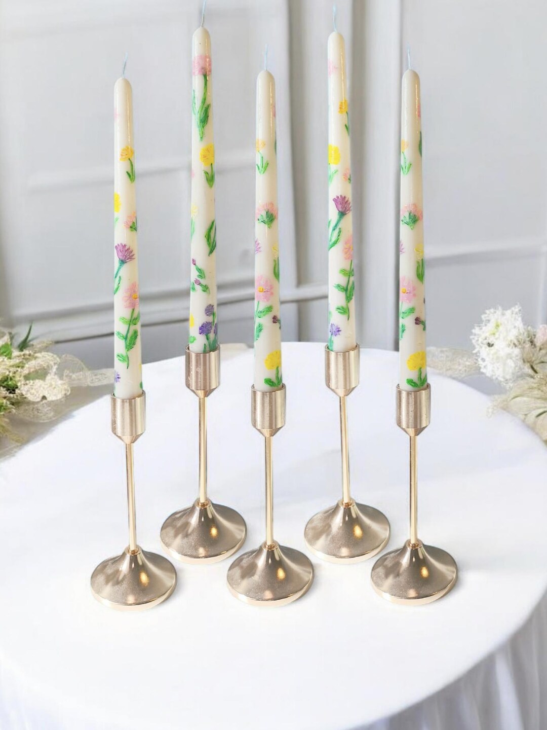Flower Hand Painted Taper Candles, Floral Botanical Candles, Cream ...