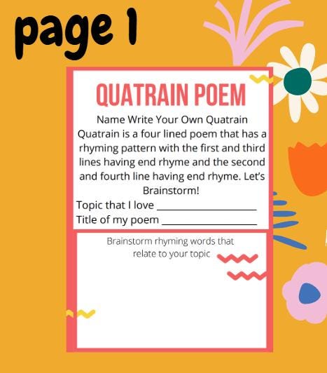 Write Your Own Quatrain Poem Poetry Template Printable - Etsy