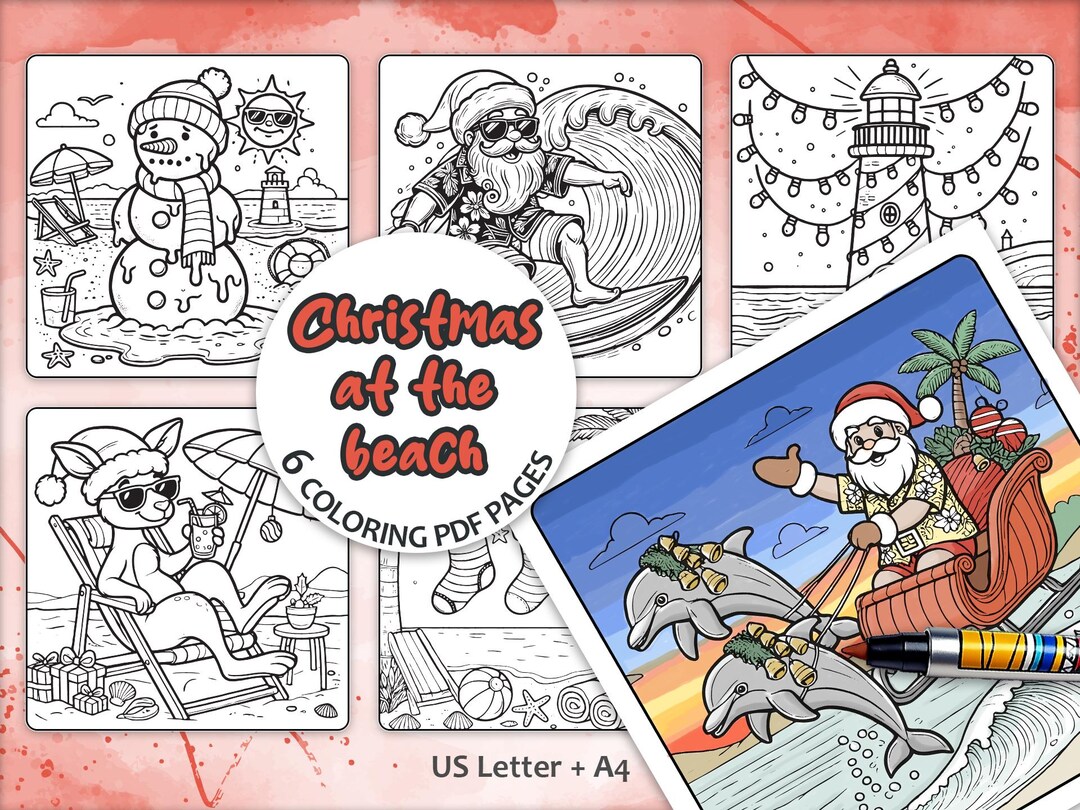 Tropical Christmas at the Beach Coloring Book: Santa With Dolphins ...