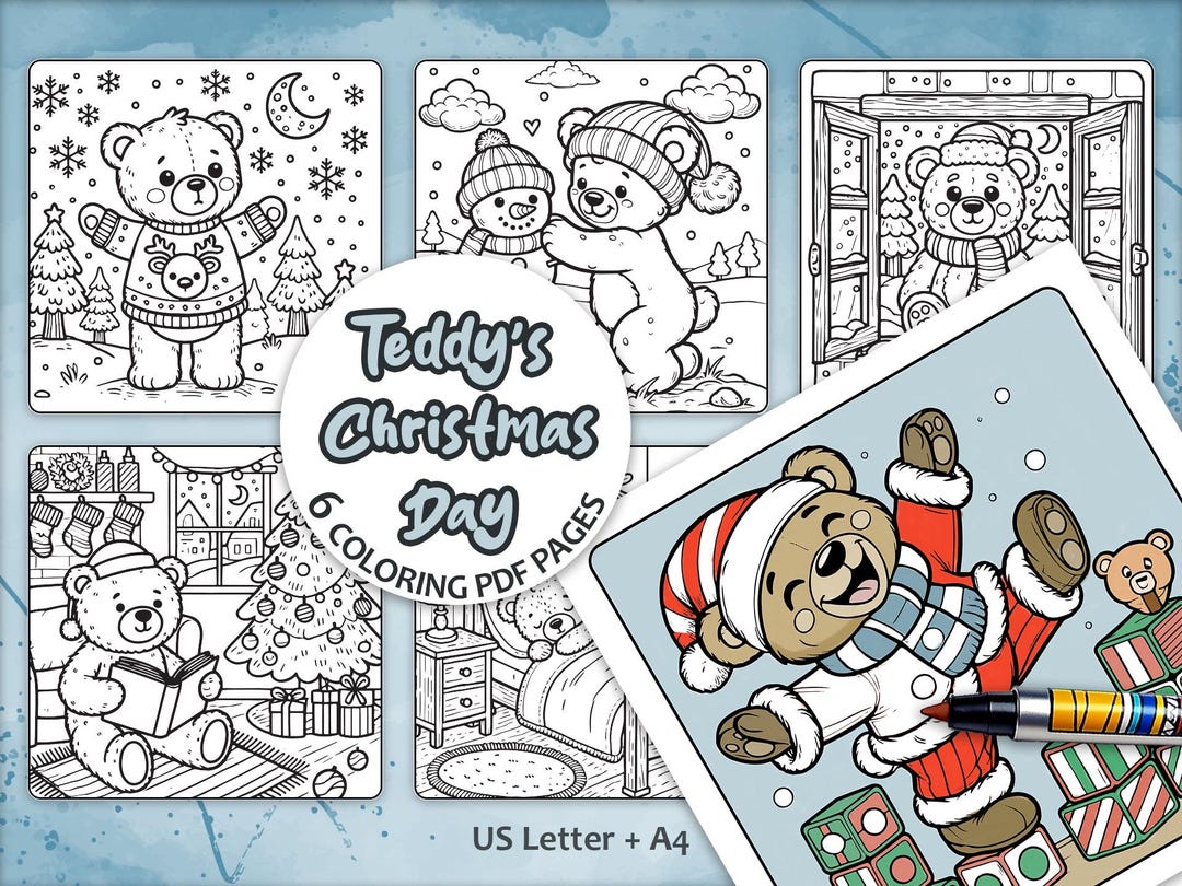 6 Adorable Teddy Bear Christmas Coloring Pages, Festive Holiday ...