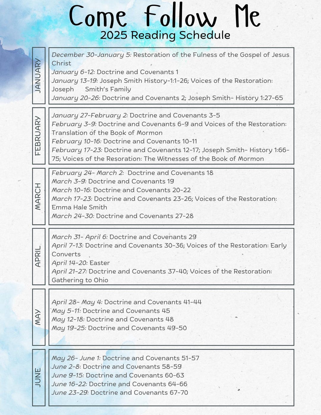 Come Follow Me 2025 Reading Schedule- Blue Watercolor - Etsy