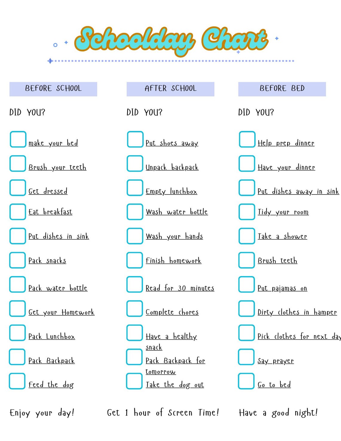 Editable Schoolday Checklist for Kids - Etsy