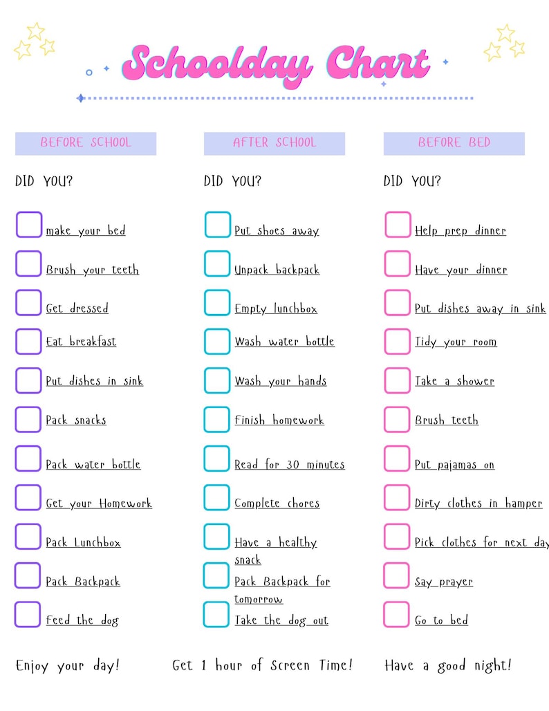Editable Schoolday Checklist for Kids - Etsy