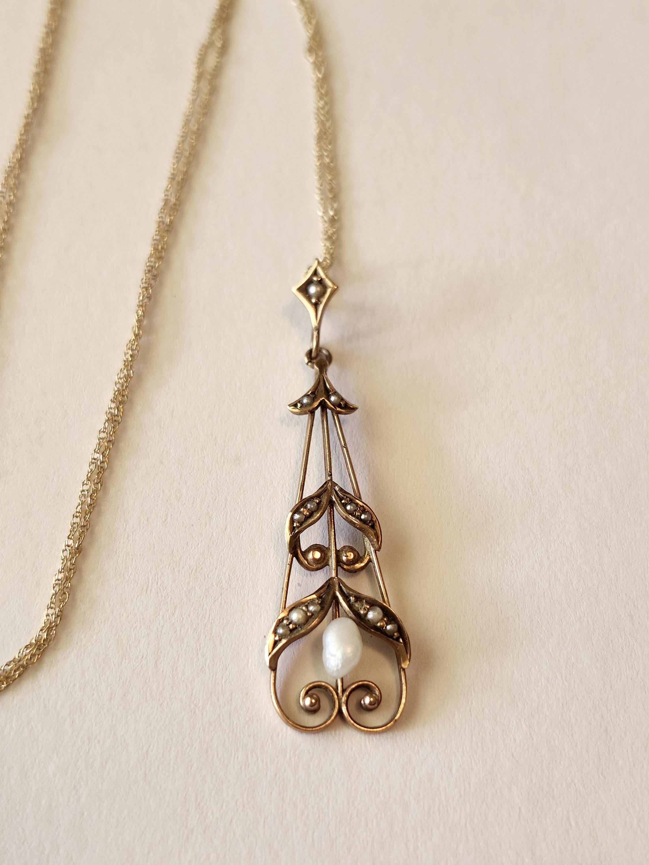10k Antique Victorian Lavalier Pearl Pendant Necklace - Etsy