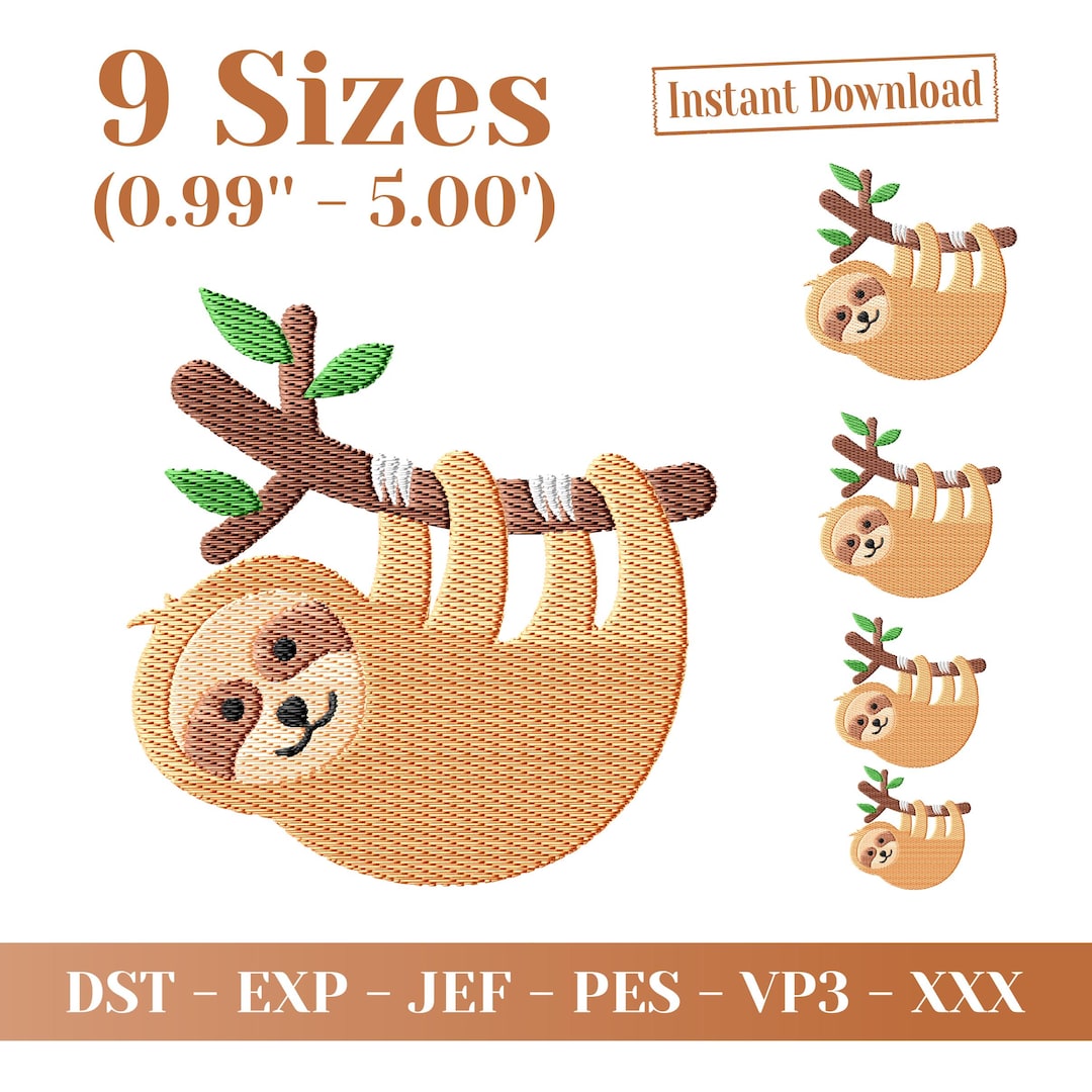 Mini Sloth Embroidery Design, 9 Sizes, Cute Sloth Machine Embroidery ...